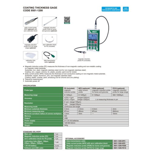Máy đo chiều dày lớp sơn, phủ, mạ Insize 9501-1200 (0-1250µm, đầu đo từ ...